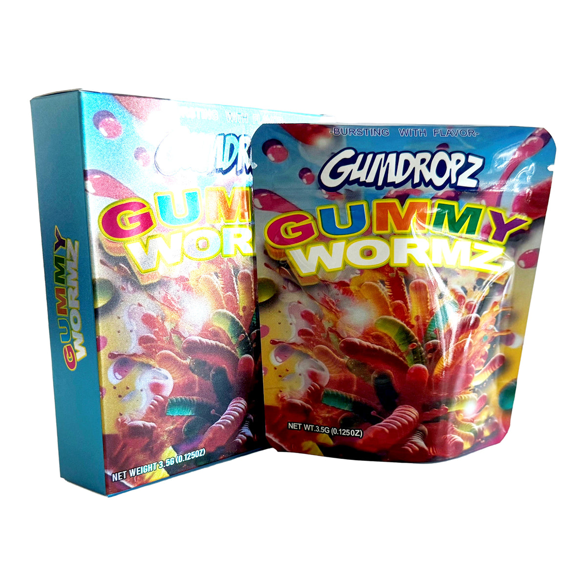 Gumdropz Gummy Wormz 3.5g Holographic Bag with Matching Box Design (50 – MylarPacks Wholesale