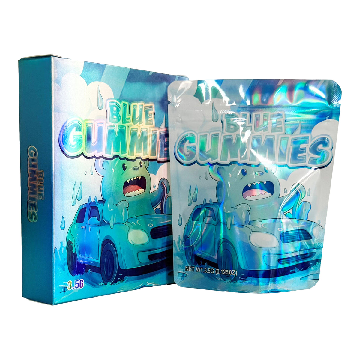 Blue Gummiez 3.5g Holographic Bag with Matching Box Design – MylarPacks ...